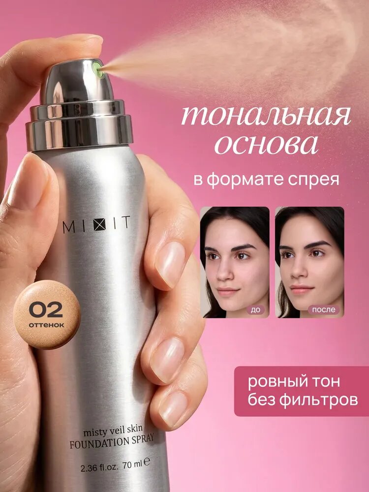 MIXIT Тональный крем спрей для лица в аэрозоле, 02 HONEY NUDE, 70 мл