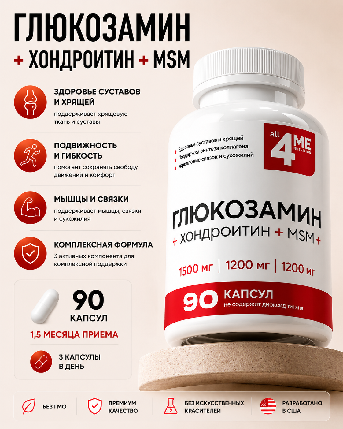 Глюкозамин + Хондроитин + MSM ALL4ME — комплекс для ежедневной заботы о суставах, связках и хрящей