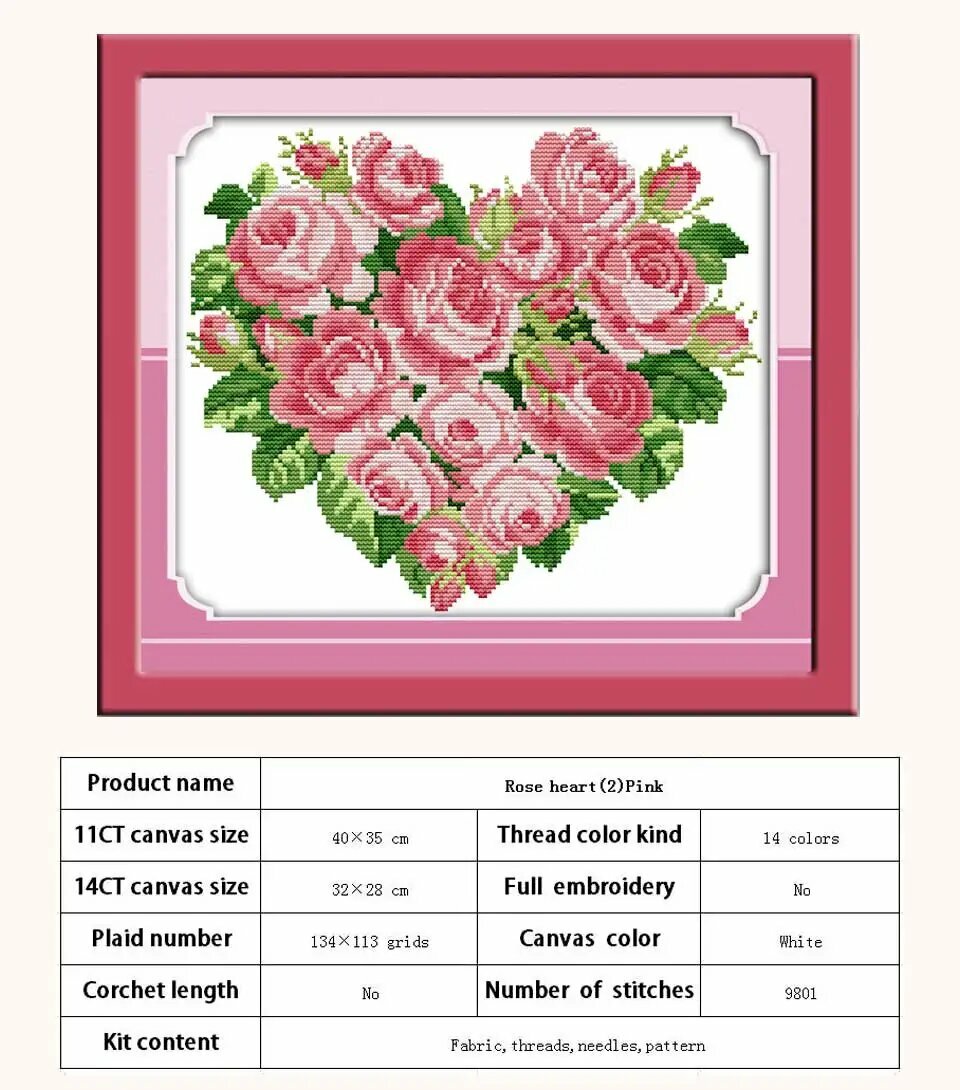 Набор для вышивки крестиком Joy Sunday Роза Сердце Цветочные узоры Pink Rose, 14CT picture printed