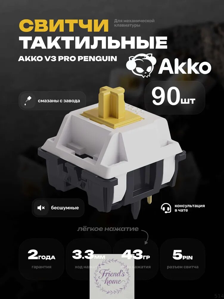 Переключатели Akko Custom Switch Akko Penguin Switch Penguinтихий 5-контактный Тактильный переключатель 50gf для механической клавиатуры (90 шт.)