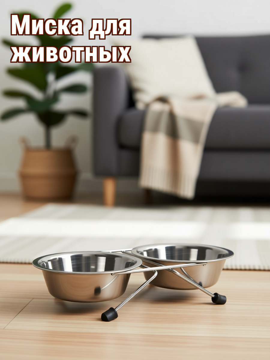 Двойная миска для домашних животных из нержавеющей стали с антивибрационной подставкой, серебристая, малый размер