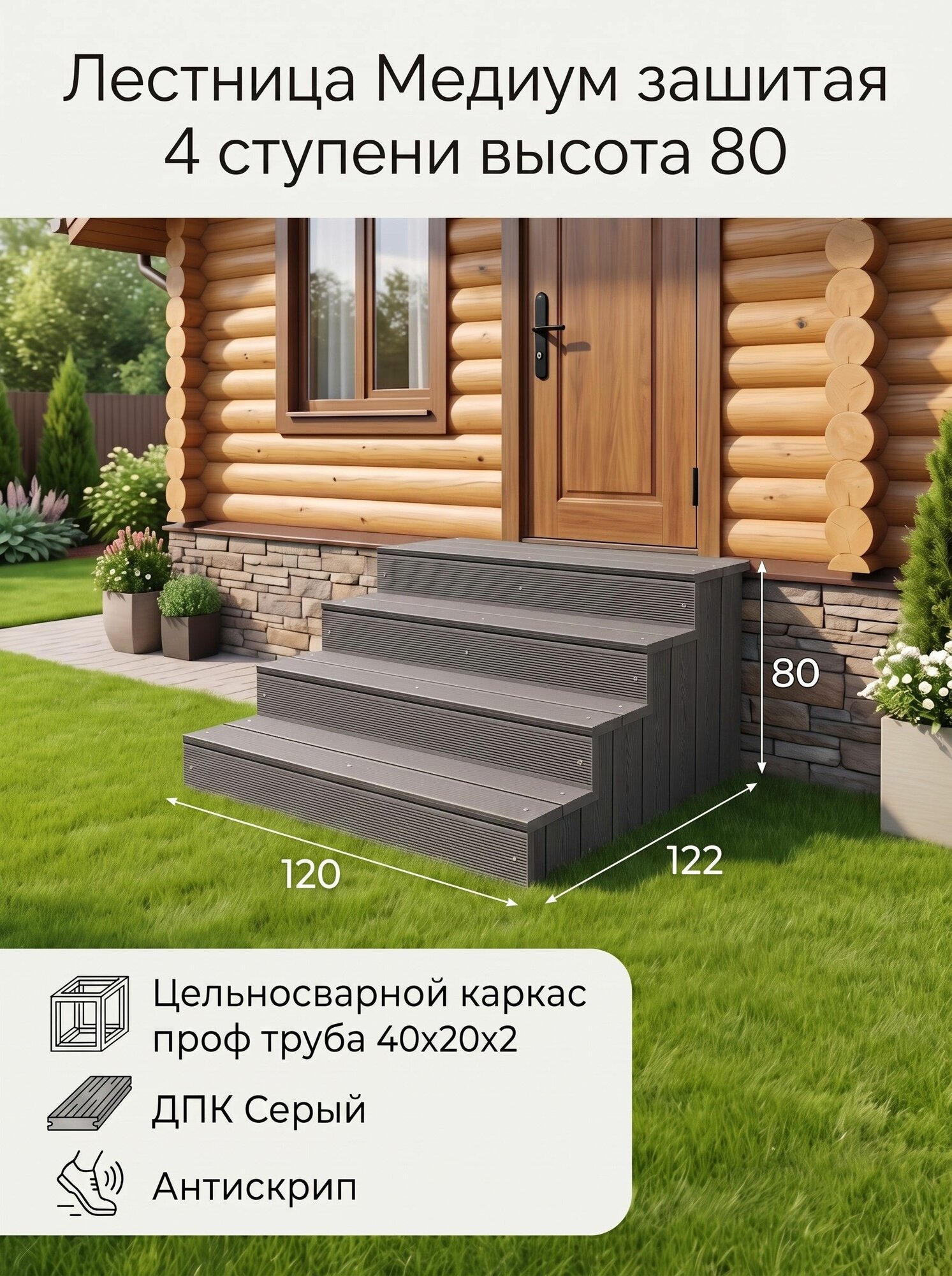 Лестница MDM20-FL (40х20) 4 ступени, серая, ширина 120, с подступенками и боками из ДПК, 80х120х122 см, на металлокаркасе
