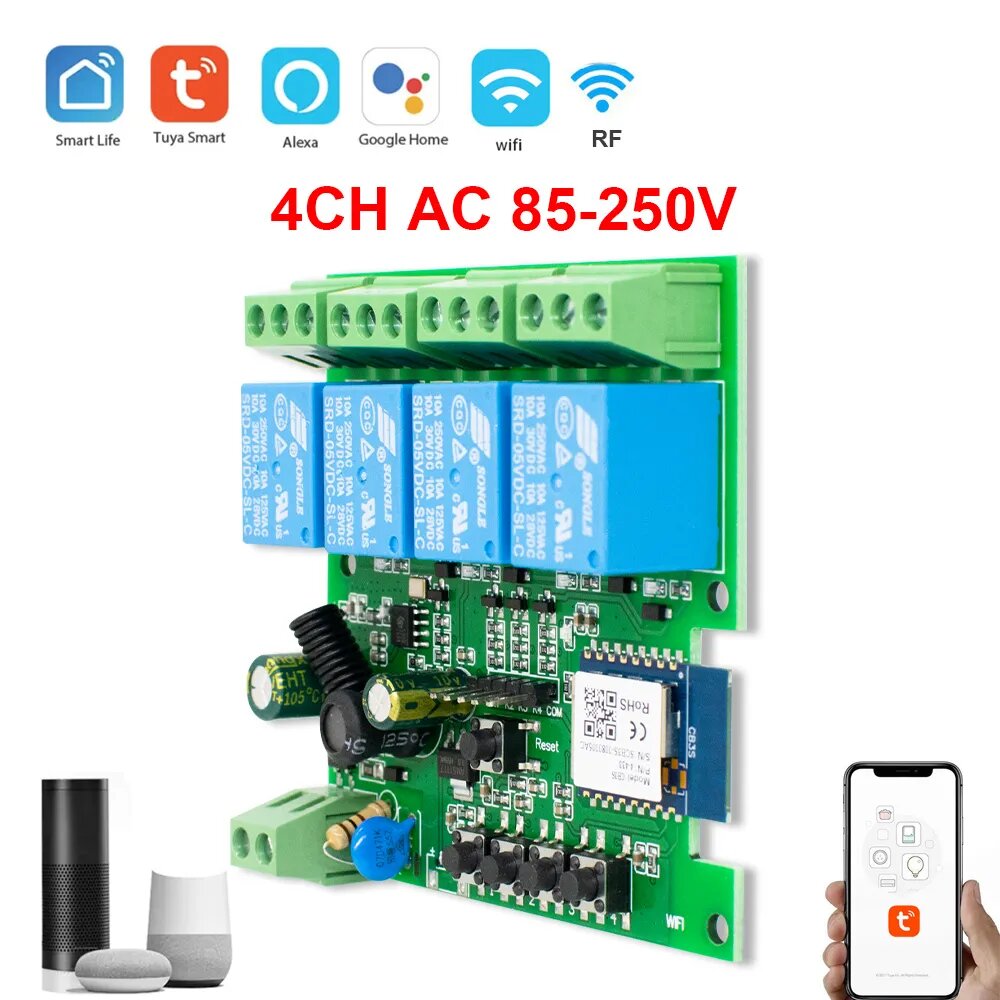 WiFi умный выключатель 4 канала, AC 85-250V 220V, импульсная блокировка, реле сухих контактов
