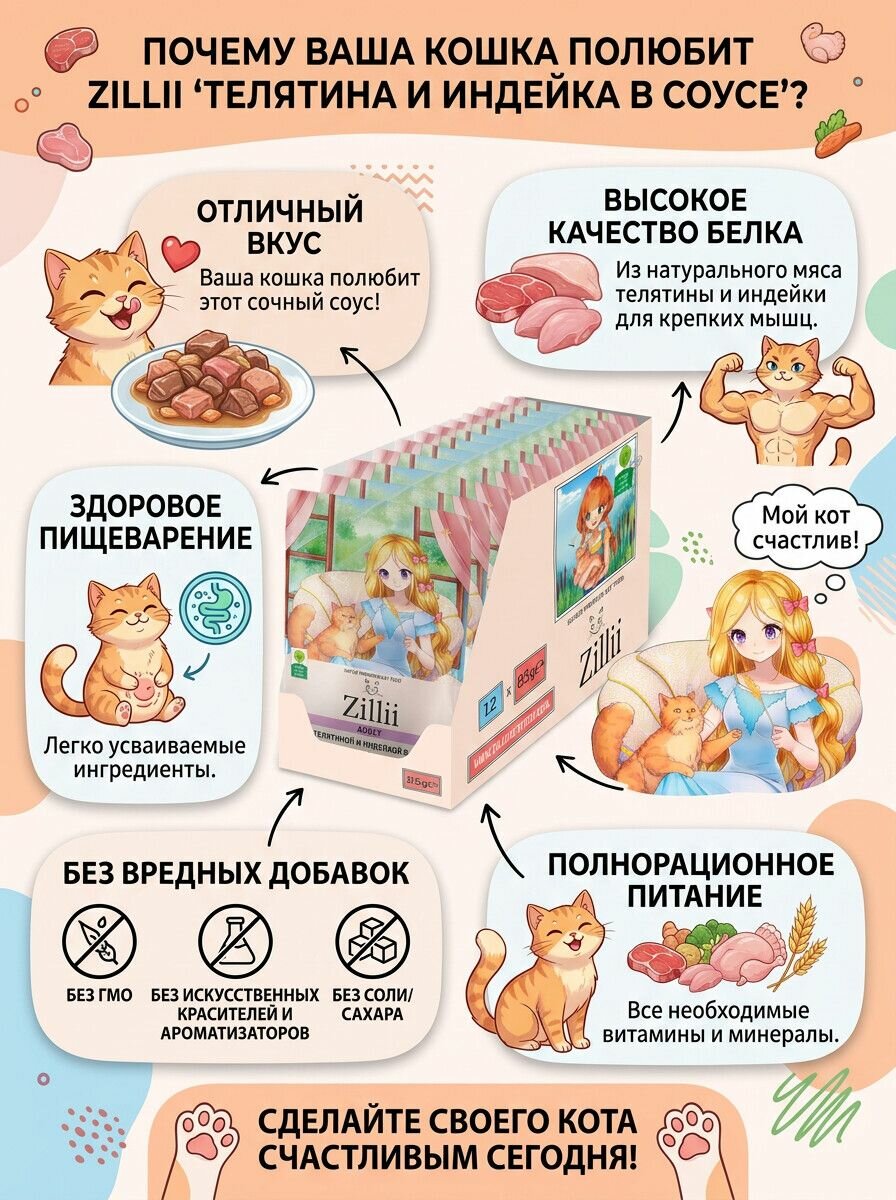 Корм для кошек влажный ZILLII (Зилли) Adult (пауч) 12шт - 85г Телятина и Индейка в соусе