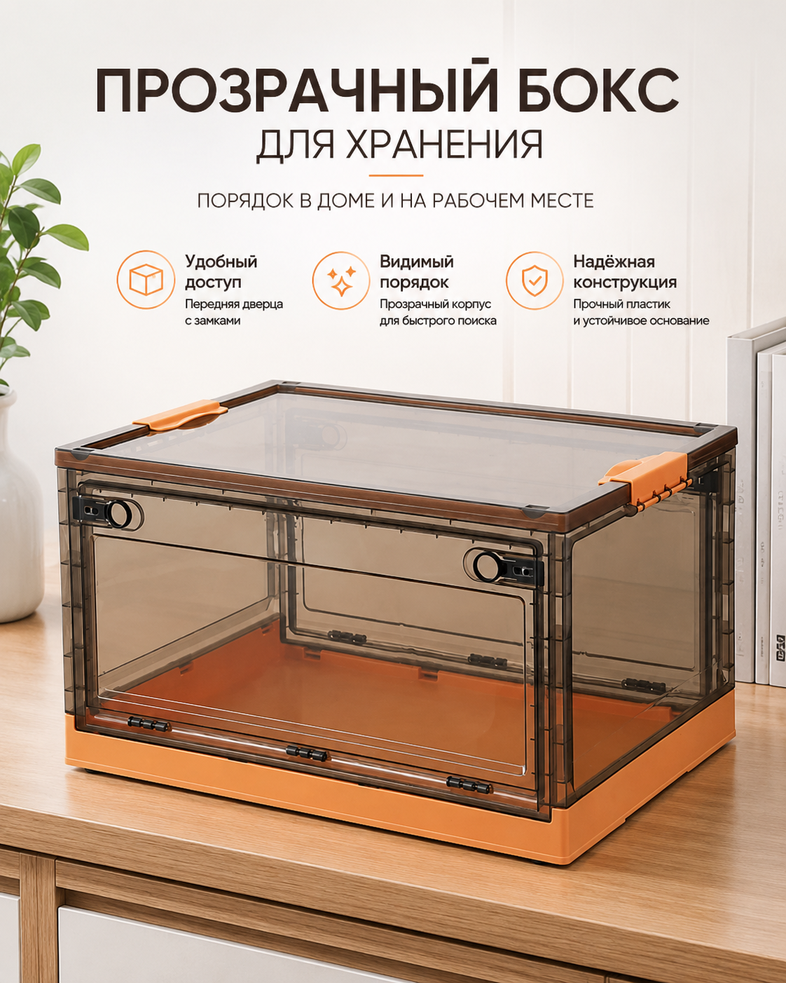 Органайзер для хранения с крышкой с колесами , Контейнер, Ящик, коробка для вещей, 60х42х34, Ярко-оранжевый,80 л