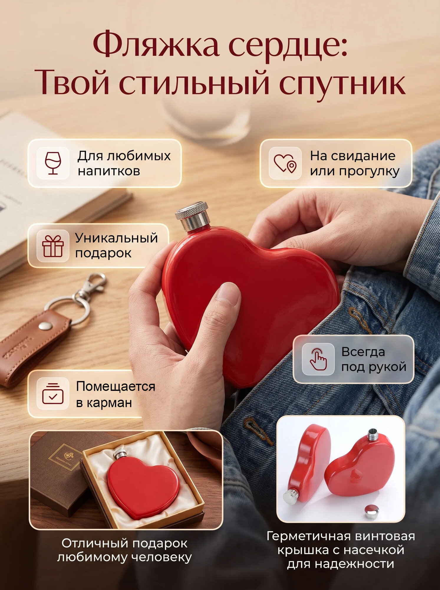 Фляжка в виде сердца 130мл — фото 1