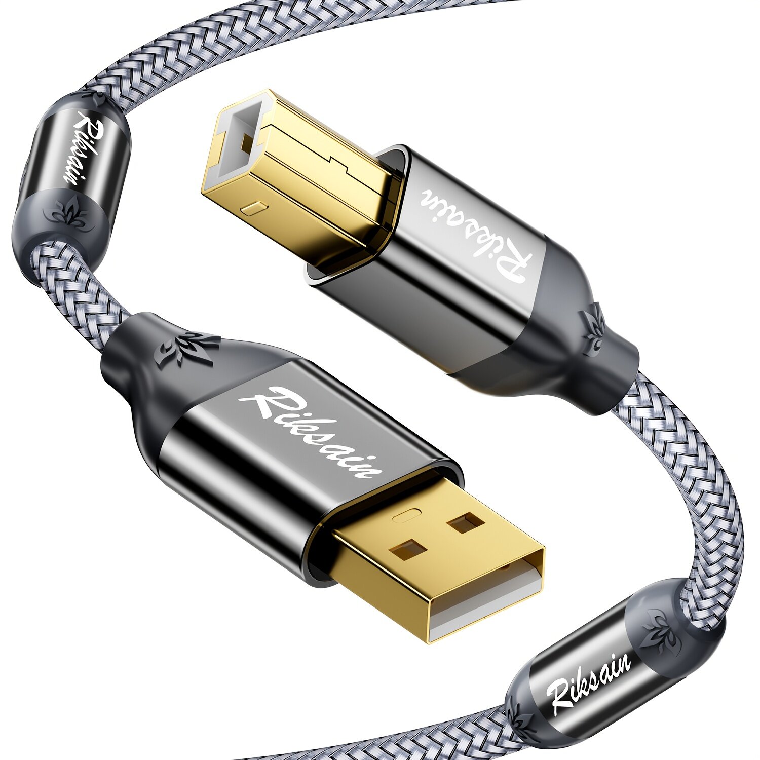 Кабель для принтера USB 2.0, квадратный USB-A - USB-B, нейлоновая оплетка с двойными магнитными кольцами, Plug and Play, 0.6 м, совместим с HP, Canon, Brother, Dell, Epson, Lexmark, Xerox