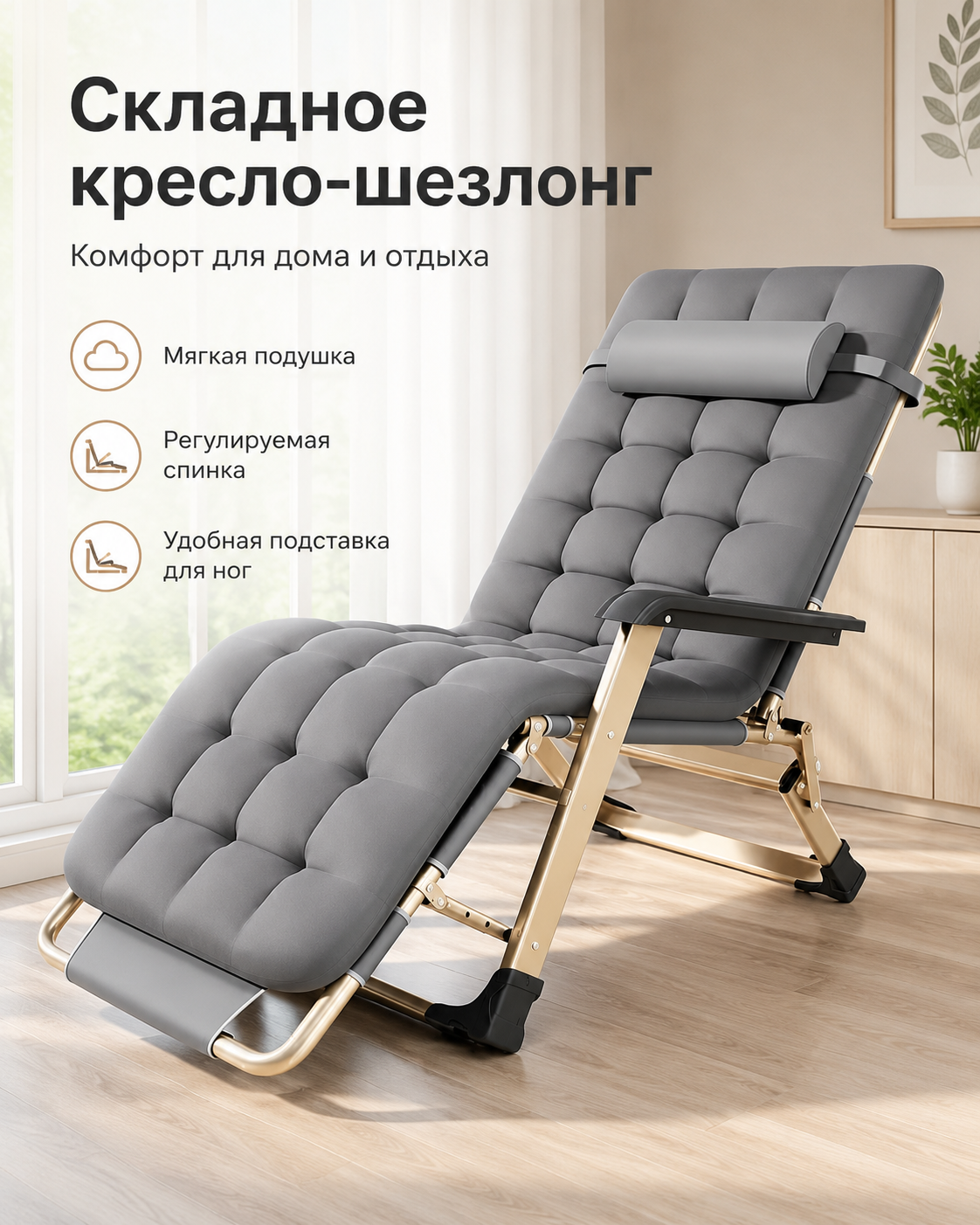 Складной регулируемый шезлонг с мягким матрасом и подушкой для отдыха дома и на даче, 66х48.5х90 см