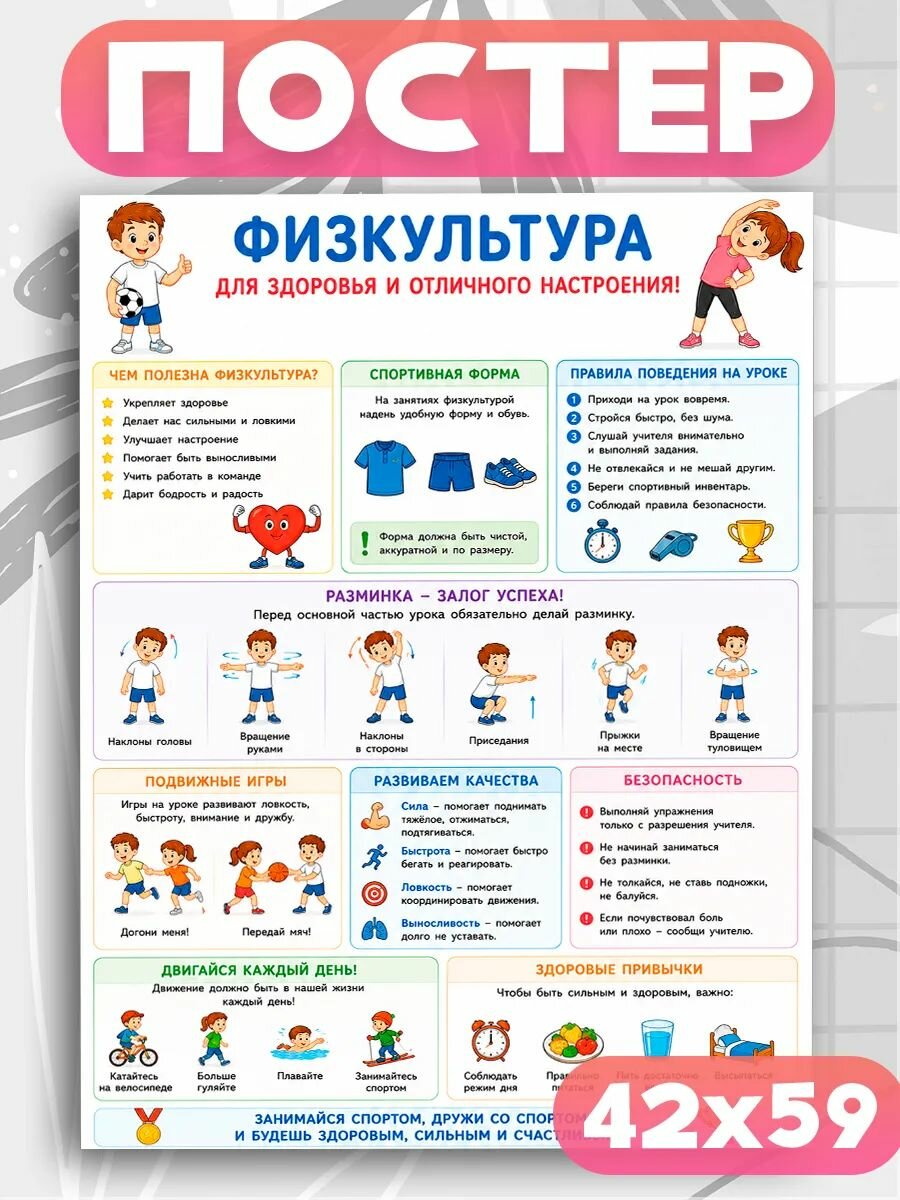 Обучающие плакаты для детей Физкультура