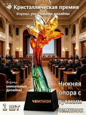 Трофей из прозрачного хрусталя - на нижней планке выгравировано слово -Чемпион