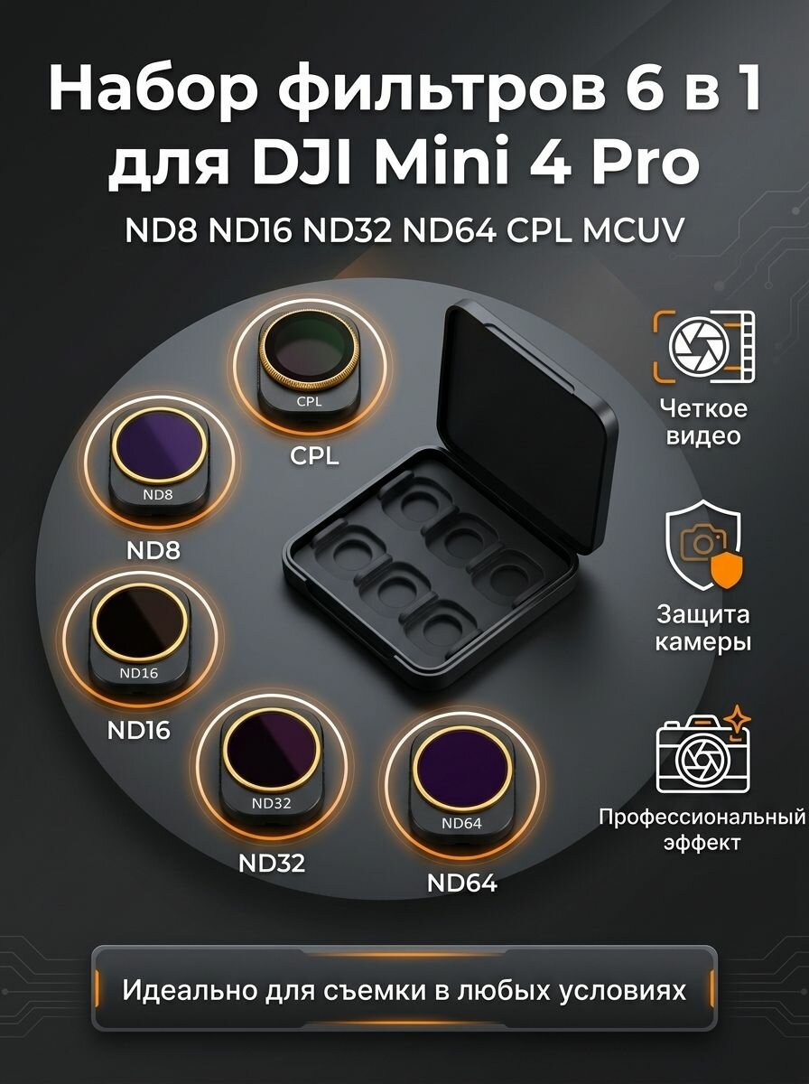 Набор 6 шт фильтров для квадрокоптера DJI Mini 4 Pro (ND8/16/32/64/CPL/MCUV)