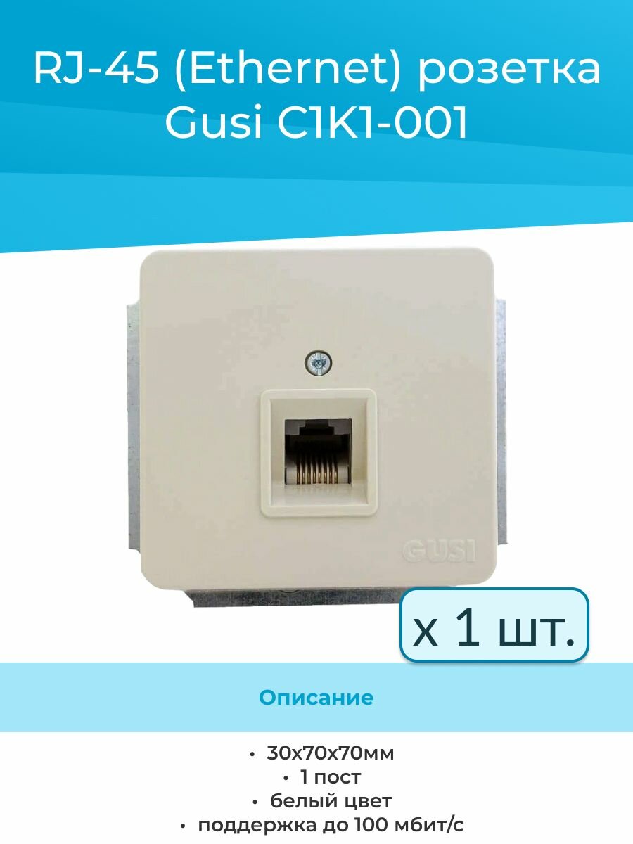 Розетка RJ-45 Gusi C1K1-001, встраиваемая, скрытый монтаж, 100 мбит/с