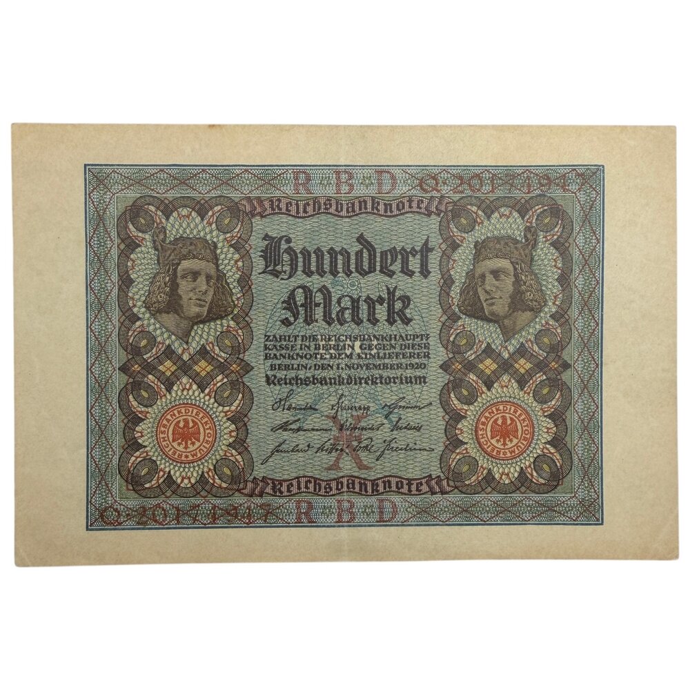 Веймарская республика (Германия) 100 марок 1920 г. (Литера X) (Серия Q) (8-значный номер)
