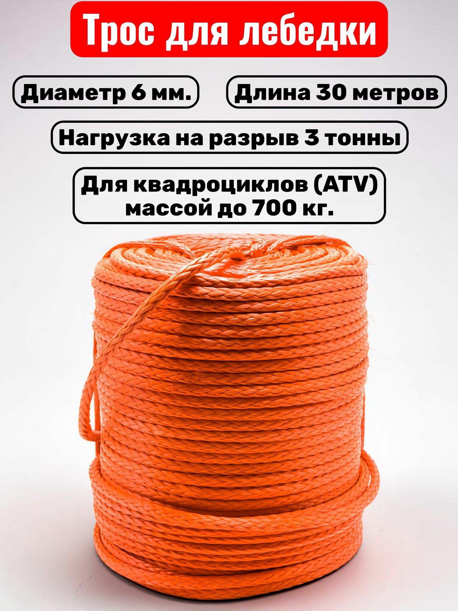 Синтетический трос для лебедки 6 мм на отрез 3 тонны 30 метров / Кевларовый трос