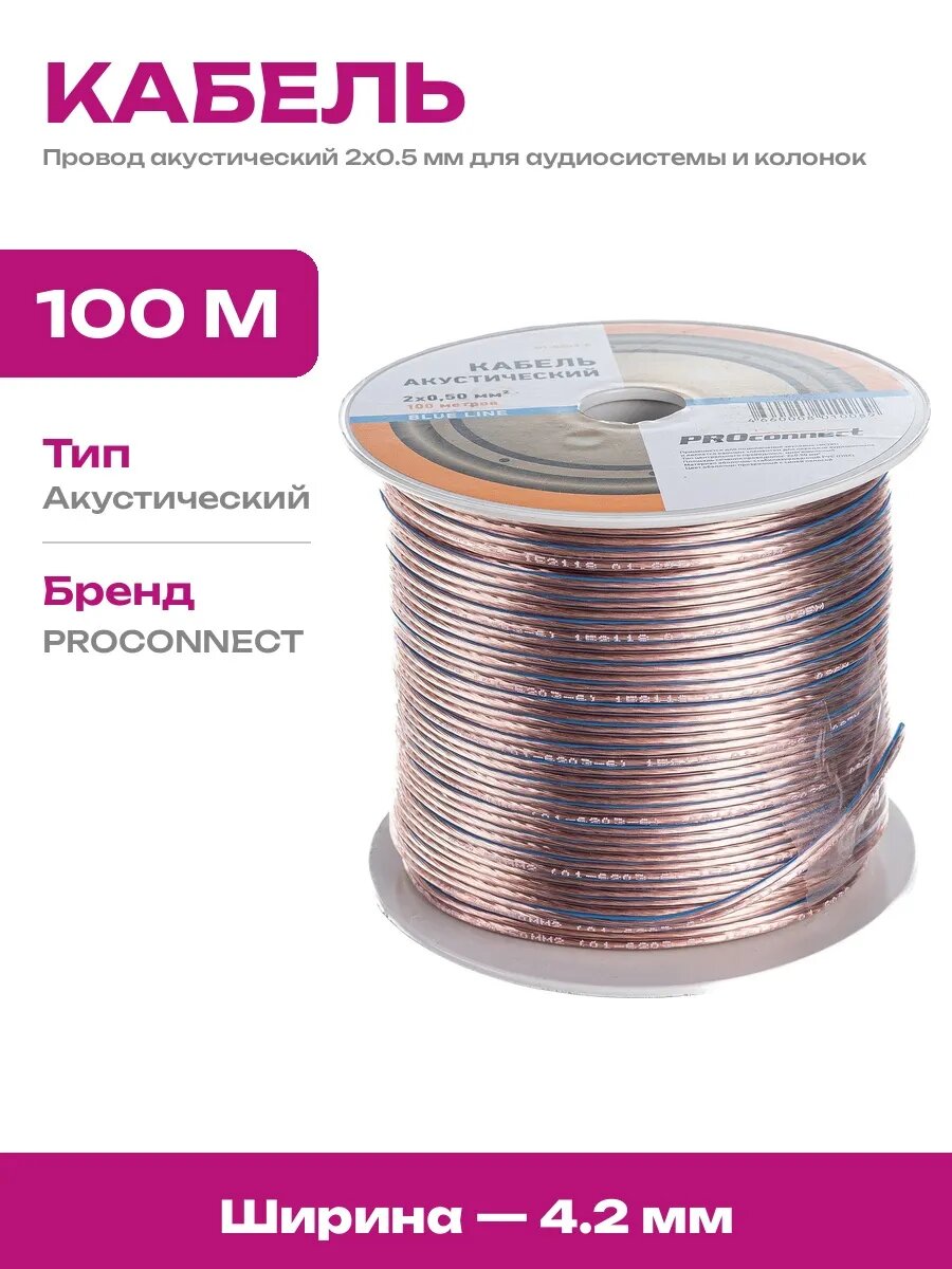 Кабель для акустики прозрачный 2х0.5 мм многожильный плоский