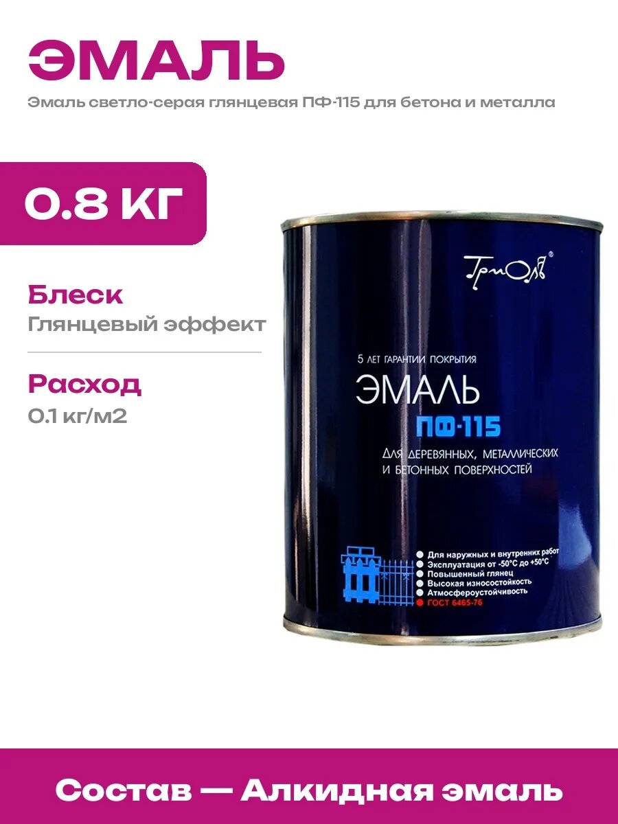 Краска для металла и дерева ПФ-115 серая глянцевая алкидная