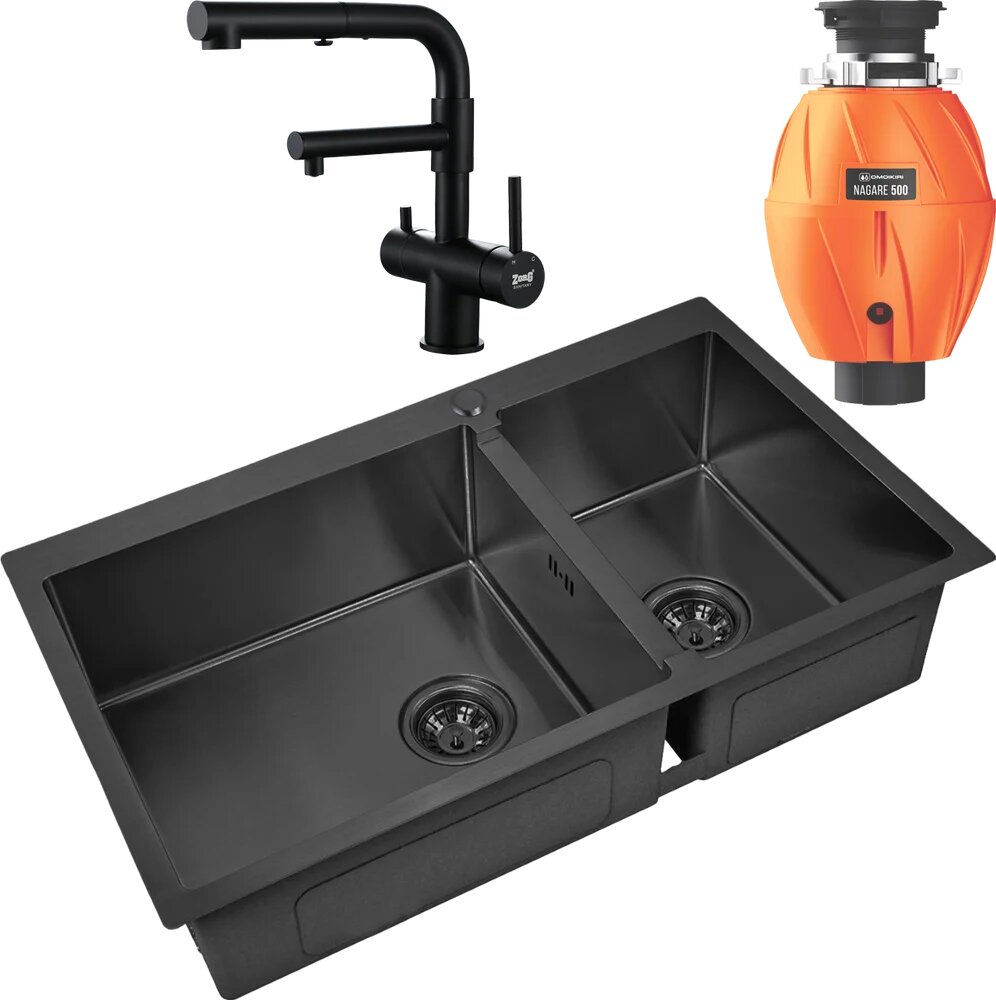 Комплект Мойка Zorg Inox PVD 78-2-51 L 78x51, grafit, нержавеющая сталь / Смеситель Sanitary SZR-3216 Grafit с выдвижным изливом, графит, графит / Измельчитель Omoikiri Nagare 500 электрический