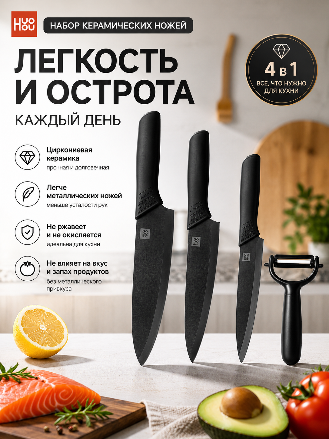 Набор кухонных ножей Xiaomi MyPads Knife, керамика, противоскользящая ручка