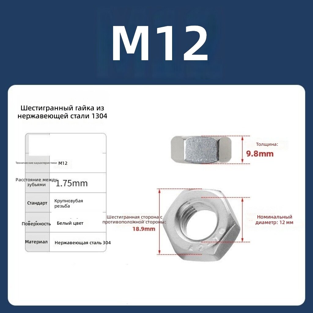 Гайки шестигранные метрические M12 из нержавеющей стали 304, 3 шт.