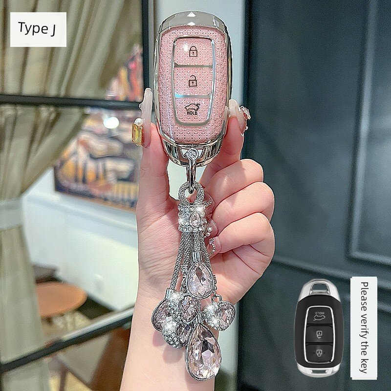 Кейс для ключа Hyundai J Series Smart 3-Key кристалл розовый с кристаллической цепочкой, роскошный стиль для авто