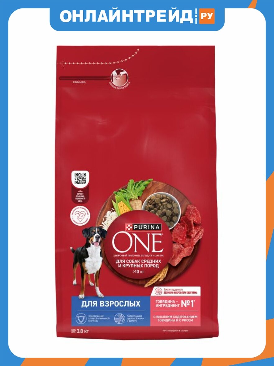 Сухой корм для взрослых собак Purina One Adult средних и крупных пород с говядиной и рисом 3.8 кг