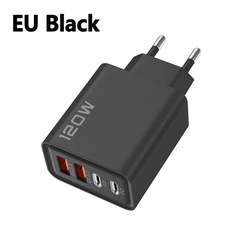 Адаптер Быстрой Зарядки 120 Вт С 4 Портами USB Type-C Для iPhone, Samsung, Xiaomi Черный, EU Black