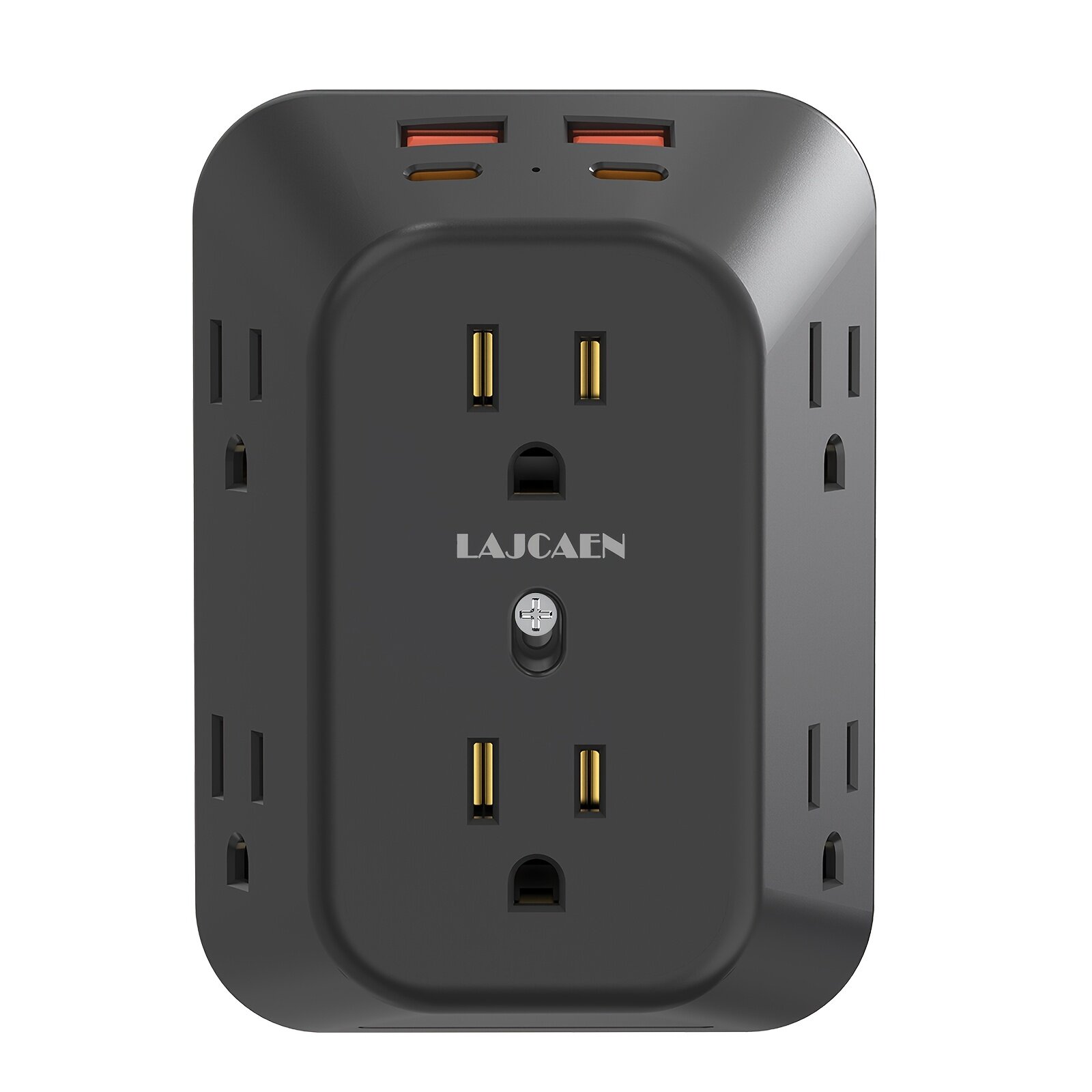 Розетка-удлинитель с защитой от перенапряжения, 6 розеток и 4 USB-порта (2 USB-C), 4-сторонняя, 1875W, US-вилка, черный