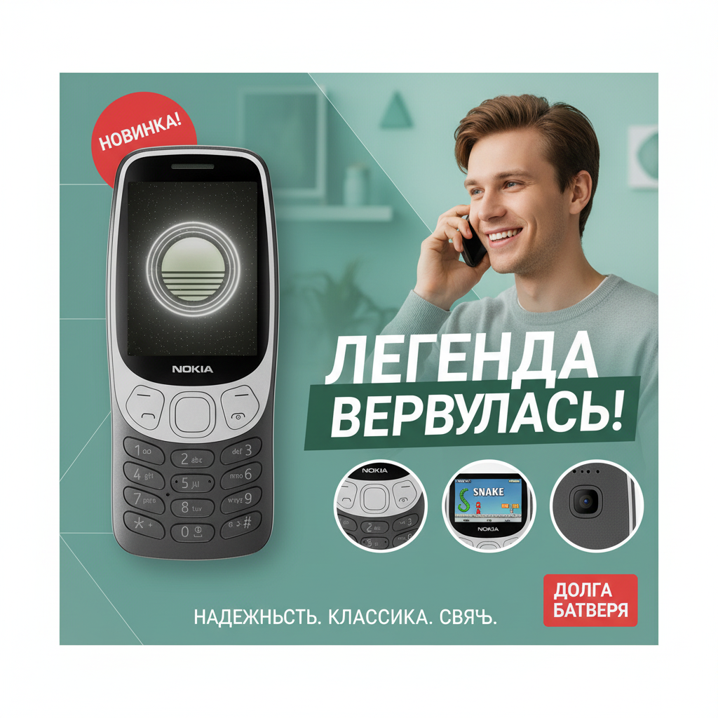 Кнопочный телефон NOKIA 3210 4G, Dual Sim, EAC, черный (TA-1618)
