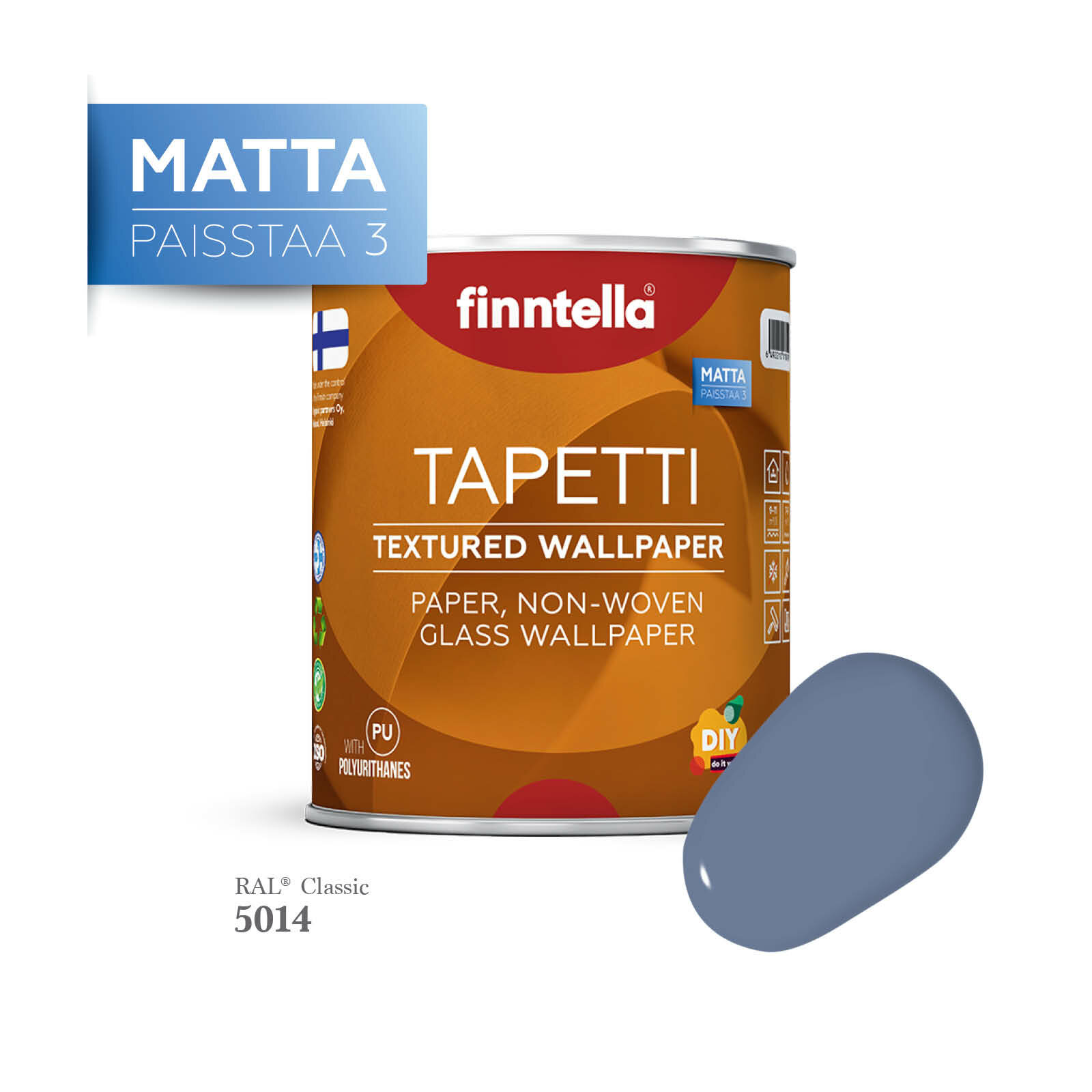 Матовая краска для обоев под окраску TAPETTI Matta FINNTELLA, Цвет RAL 5014 Голубино-синий (Pigeon blue), 0,9л