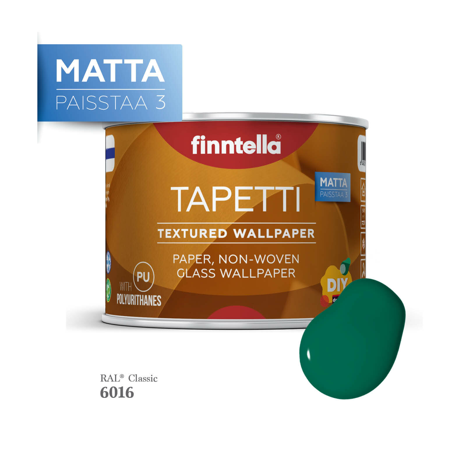 Матовая краска для обоев под окраску TAPETTI Matta FINNTELLA, Цвет RAL 6016 Бирюзово-зеленый (Turquoise green), 0,45л
