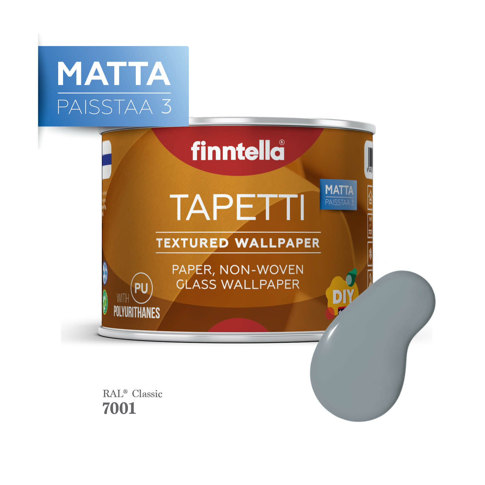 Матовая краска для обоев под окраску TAPETTI Matta FINNTELLA, Цвет RAL 7001 Серебристо-серый (Silver grey), 0,45л