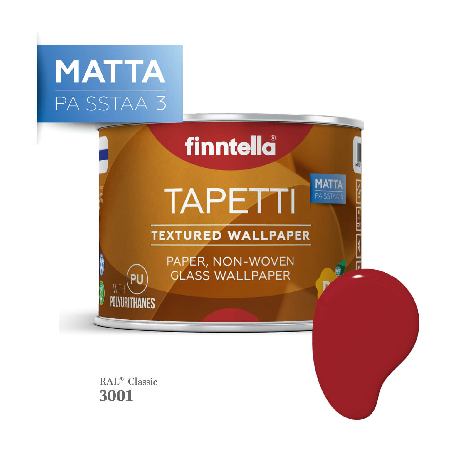 Матовая краска для обоев под окраску TAPETTI Matta FINNTELLA, Цвет RAL 3001 Сигнальный красный (Signal red), 0,45л