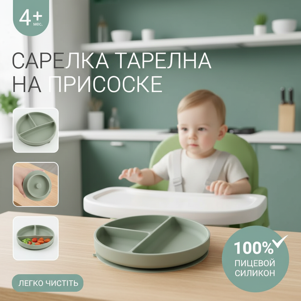 Прочная тарелка на присоске для детей секционная силикон шалфейный оттенок
