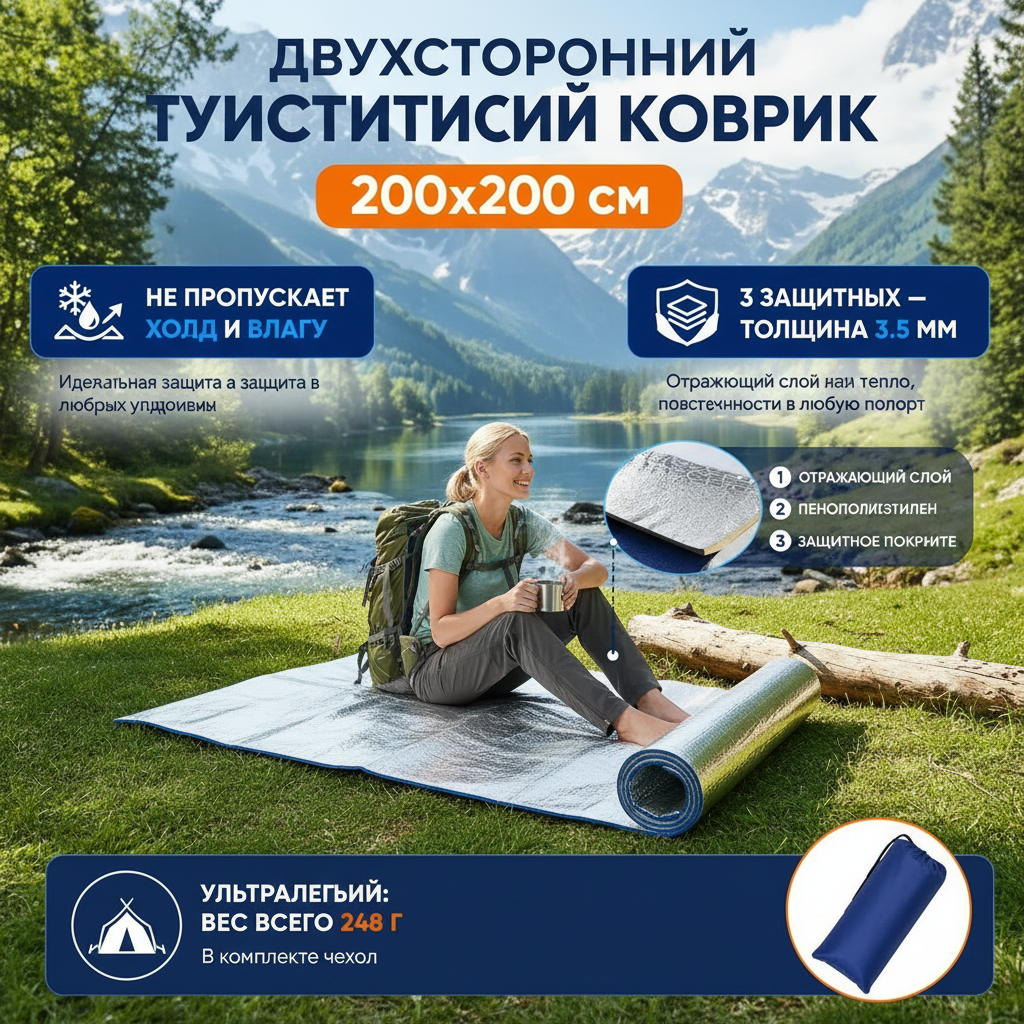 Туристический коврик, двухсторонний фольгированный-термоковрик водонепроницаемый 200х200 см, для палатки/кемпинга и пикника на природе.