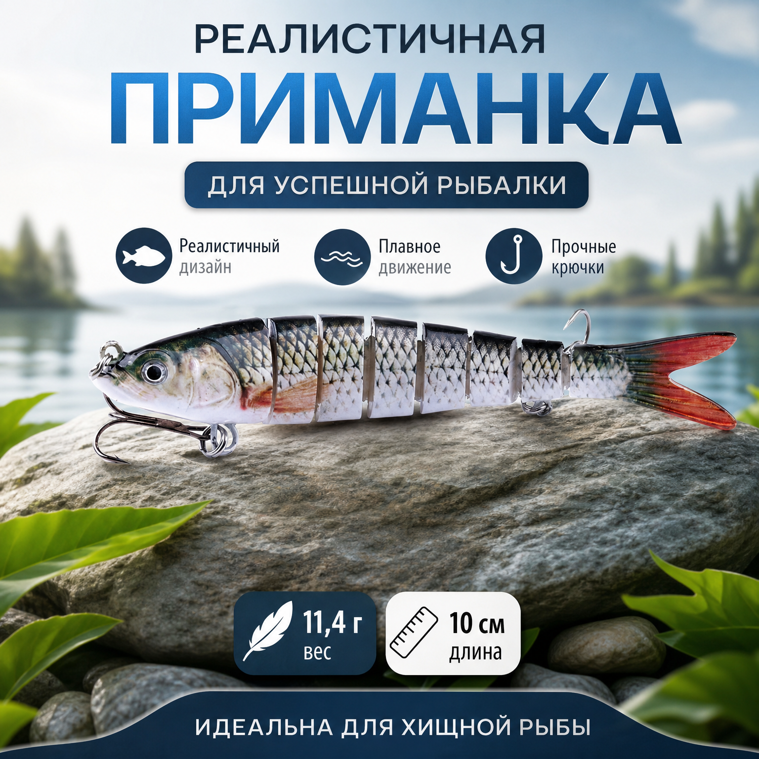 Воблер рыболовный на хищника тонущий 11,4гр / 10см / 8 сегментов / Реалистичная искусственная приманка / Снасть / на окуня / на щуку / на судака (Цвет товара: серебристый; Длина: 100 мм)