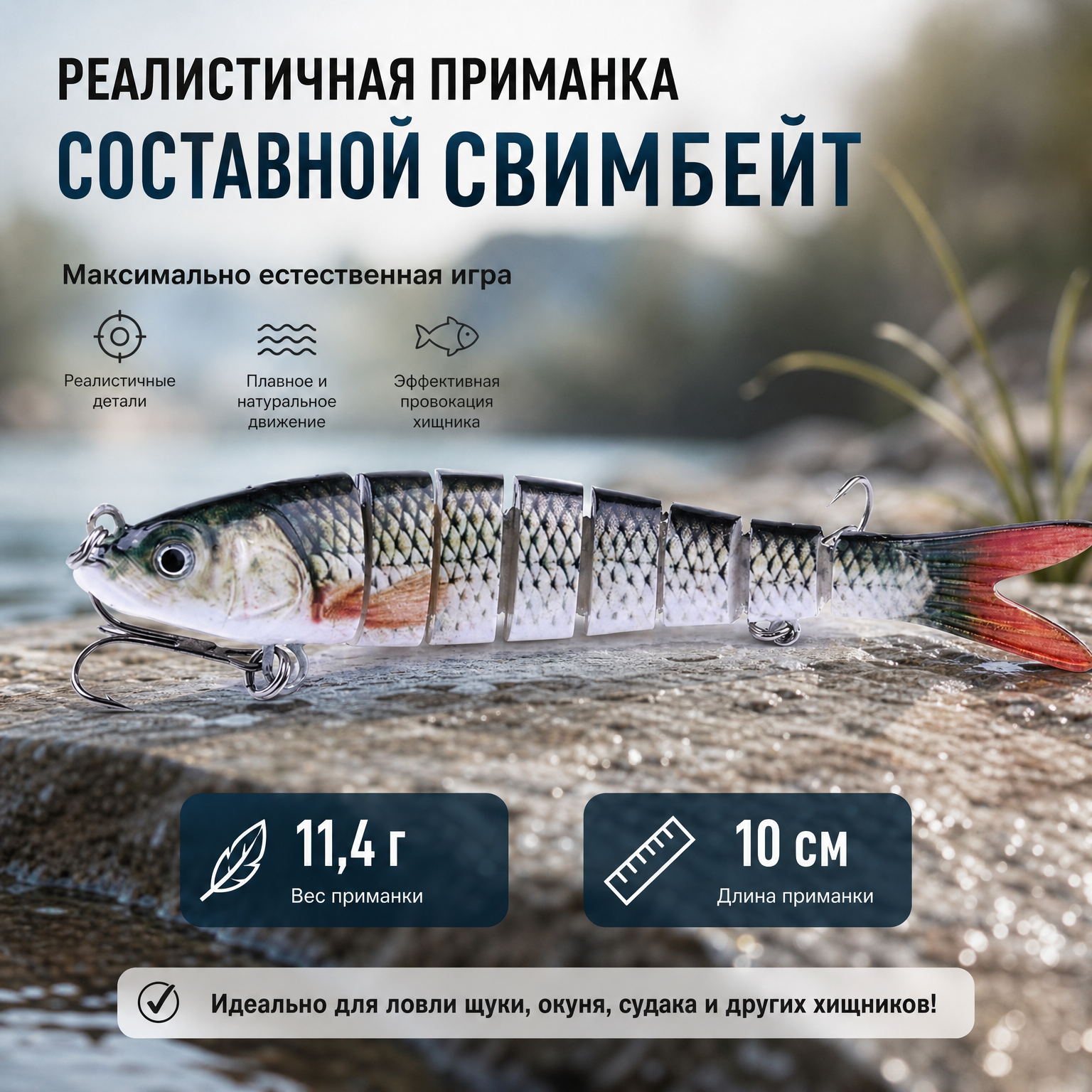 Воблер составной свимбейт тонущий 12,0гр / 11см / 7 сегментов / Реалистичная искусственная приманка / На хищника / для окуня, судака и щуки (Цвет: серебристый; Длина: 110 мм)