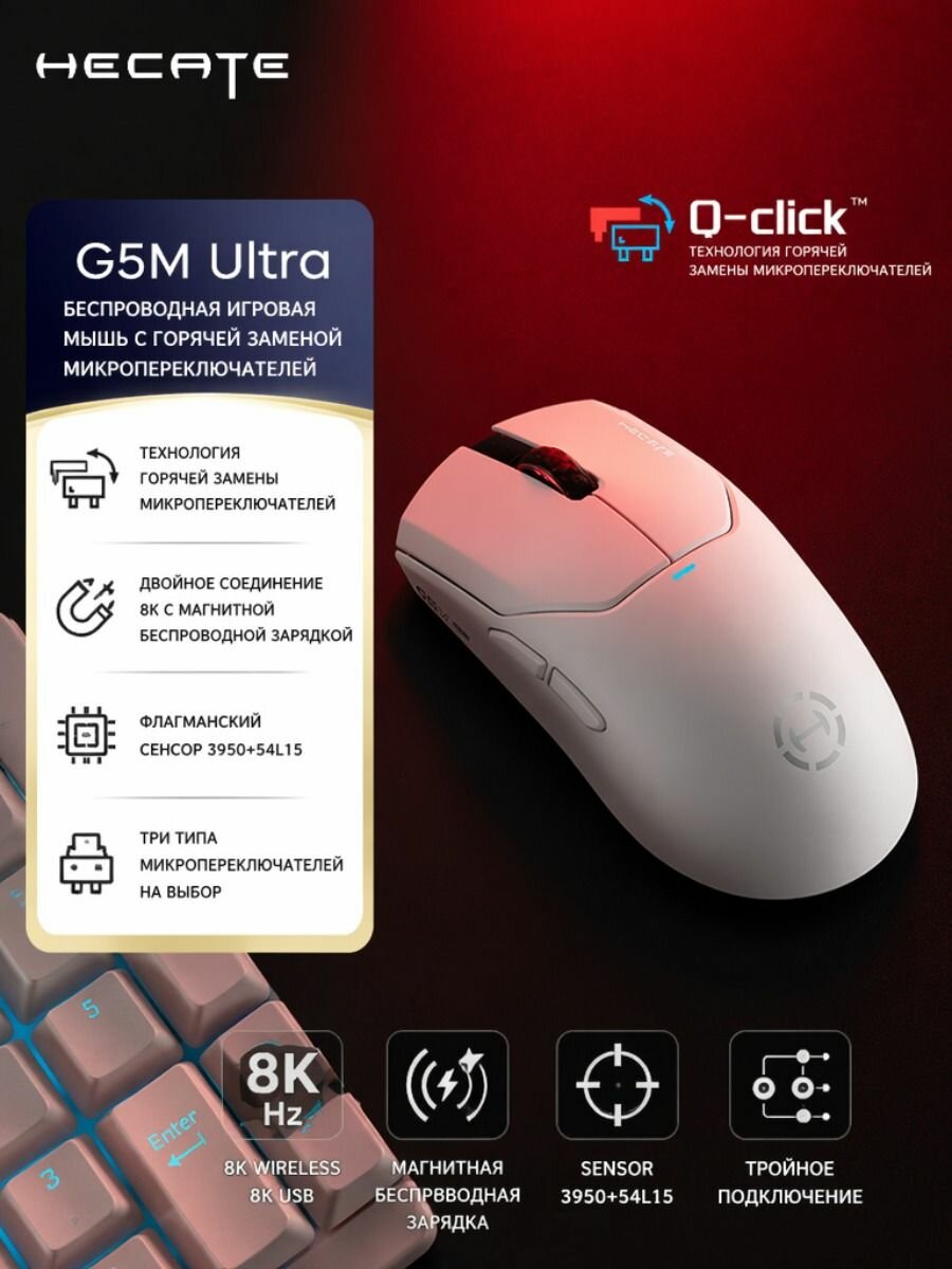 Мышь Беспроводная EDIFIER HECATE G5m Pro/Ultra: Двойной Трехрежимный Режим 8k, PAW3950, длительный срок службы батареи