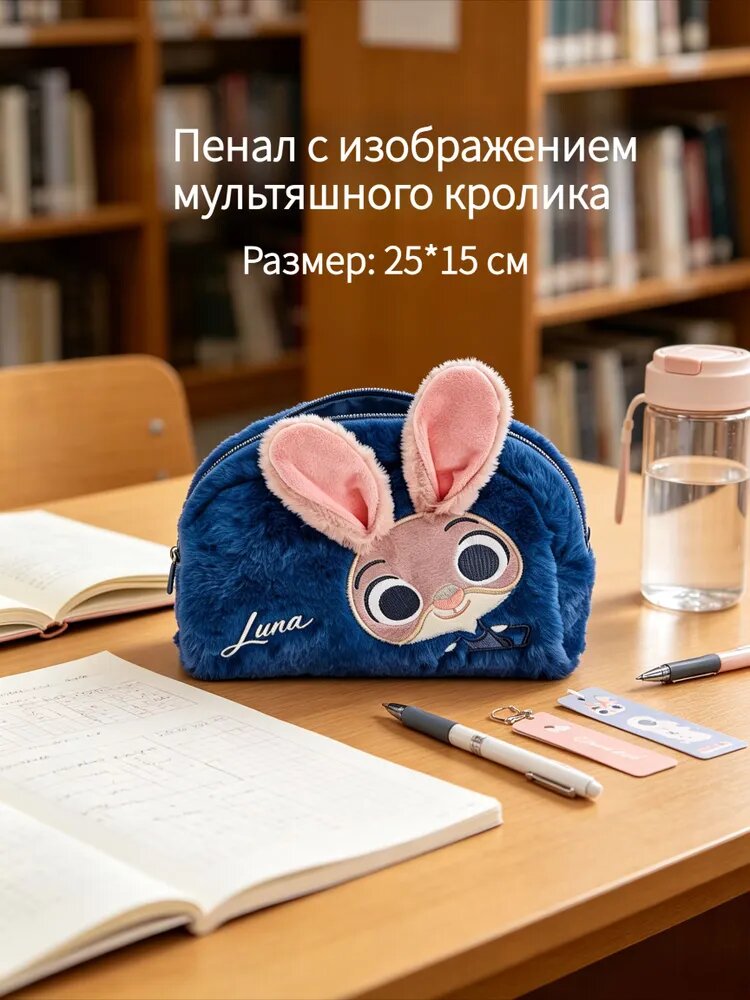 Пенал в виде кролика из мультфильма, синий, 25*15 см, искусственный мех