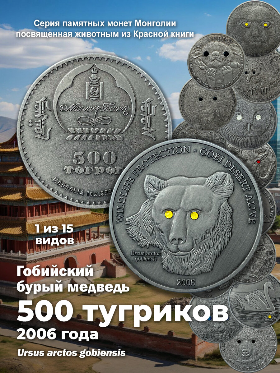 Монета 500 тугриков 2006 Монголия, Гобийский бурый медведь мазалай, сувенир