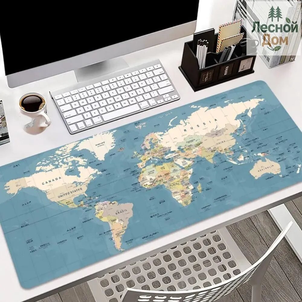 Игровой коврик для мышки Meng Jing Life Shop, голубой, 80x30 см, карта мира, каучук и ткань