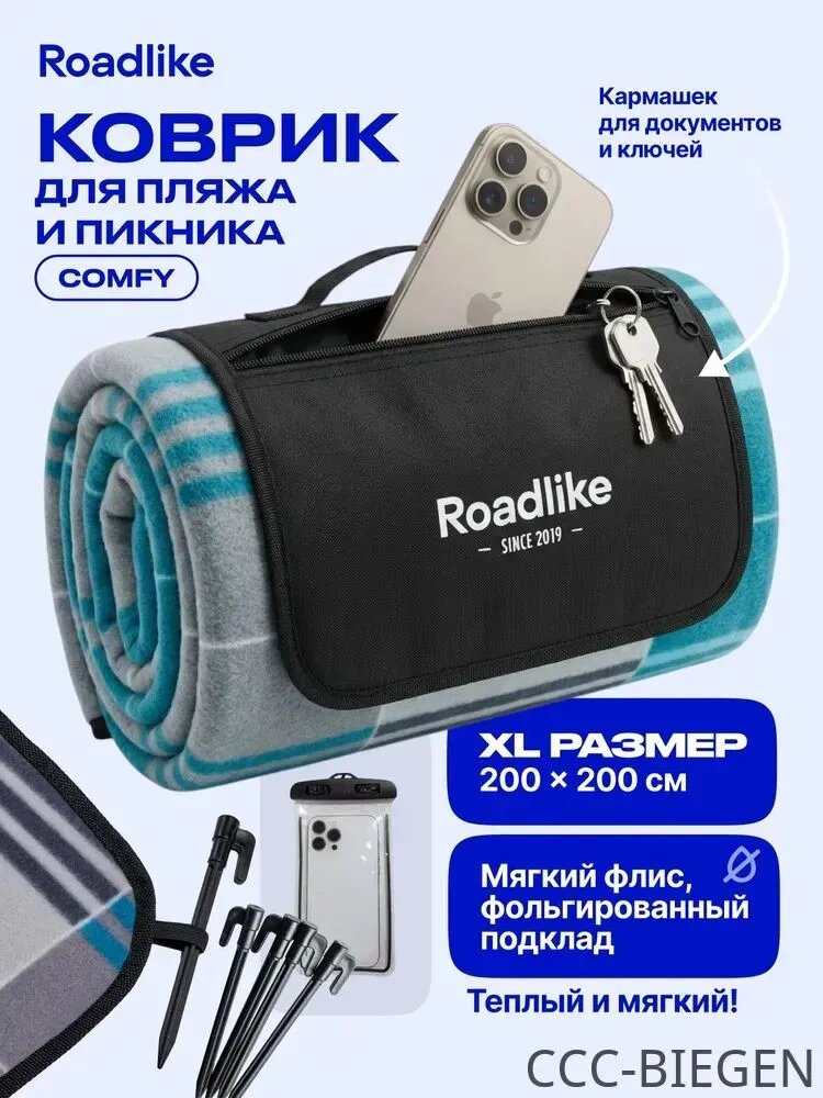 Плед для пикника Roadlike, флис/фольга, 200х200 см, бирюзовый/серый, для кемпинга и отдыха