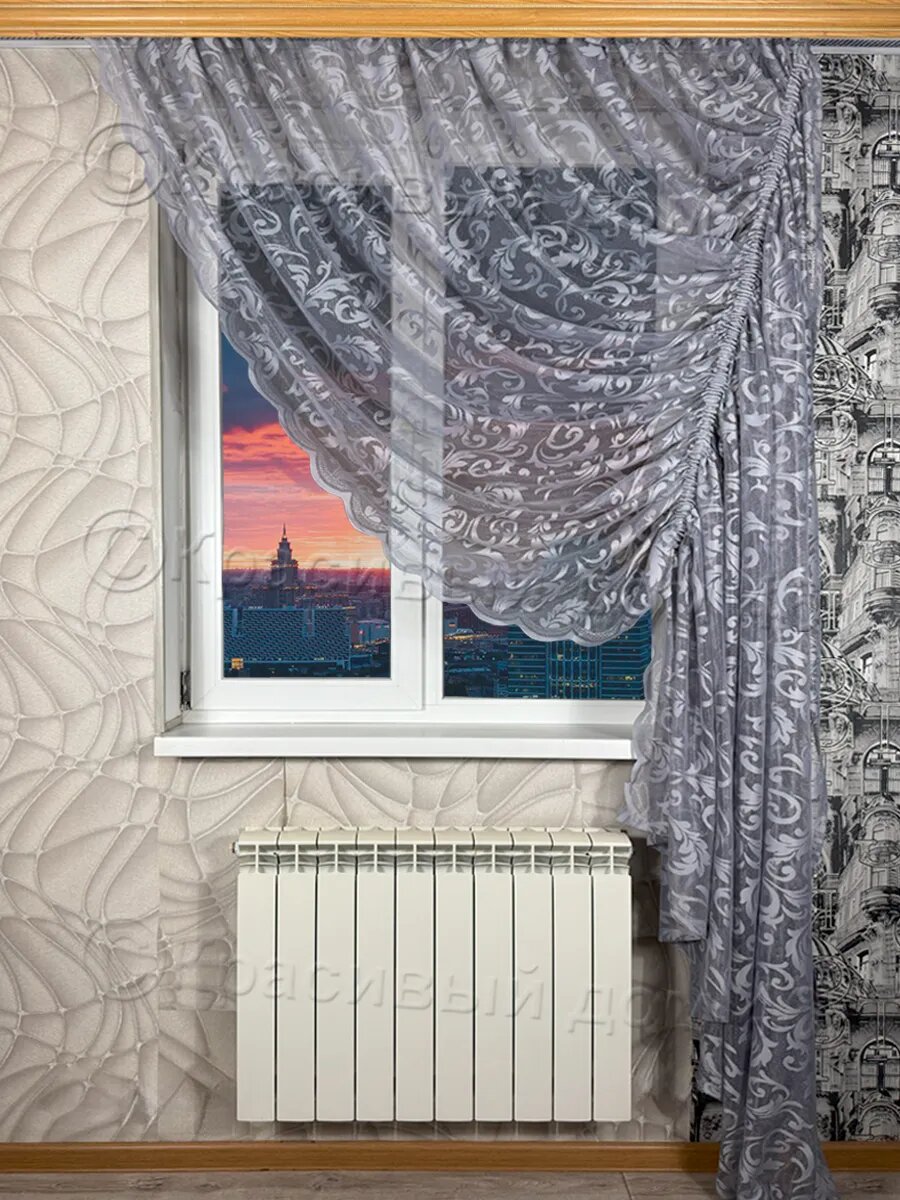 Тюль "Красивый дом 46" вензель длинный серый (R) правый 290x260см
