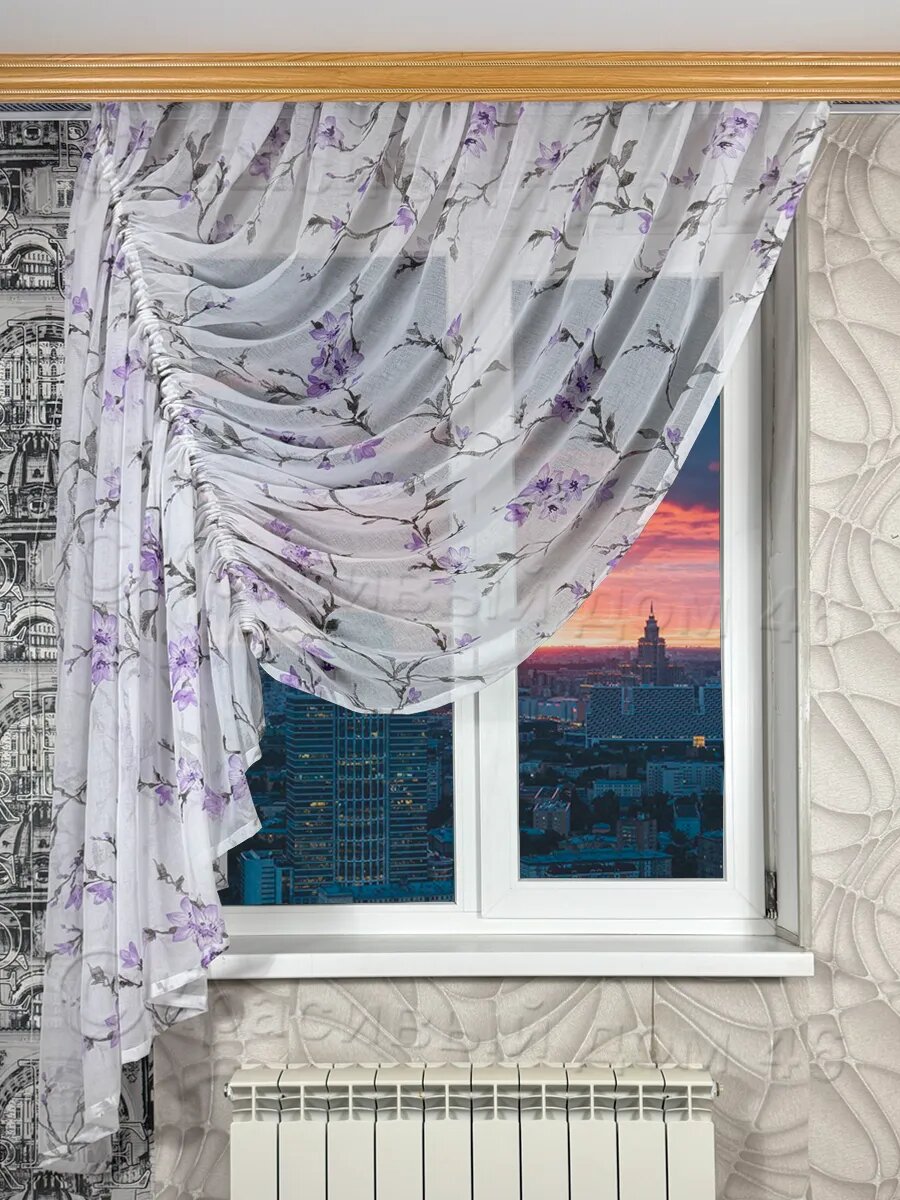 Тюль "Красивый дом 46" лён батист сакура короткий фиолетовый, белый (L) левый 270x180см