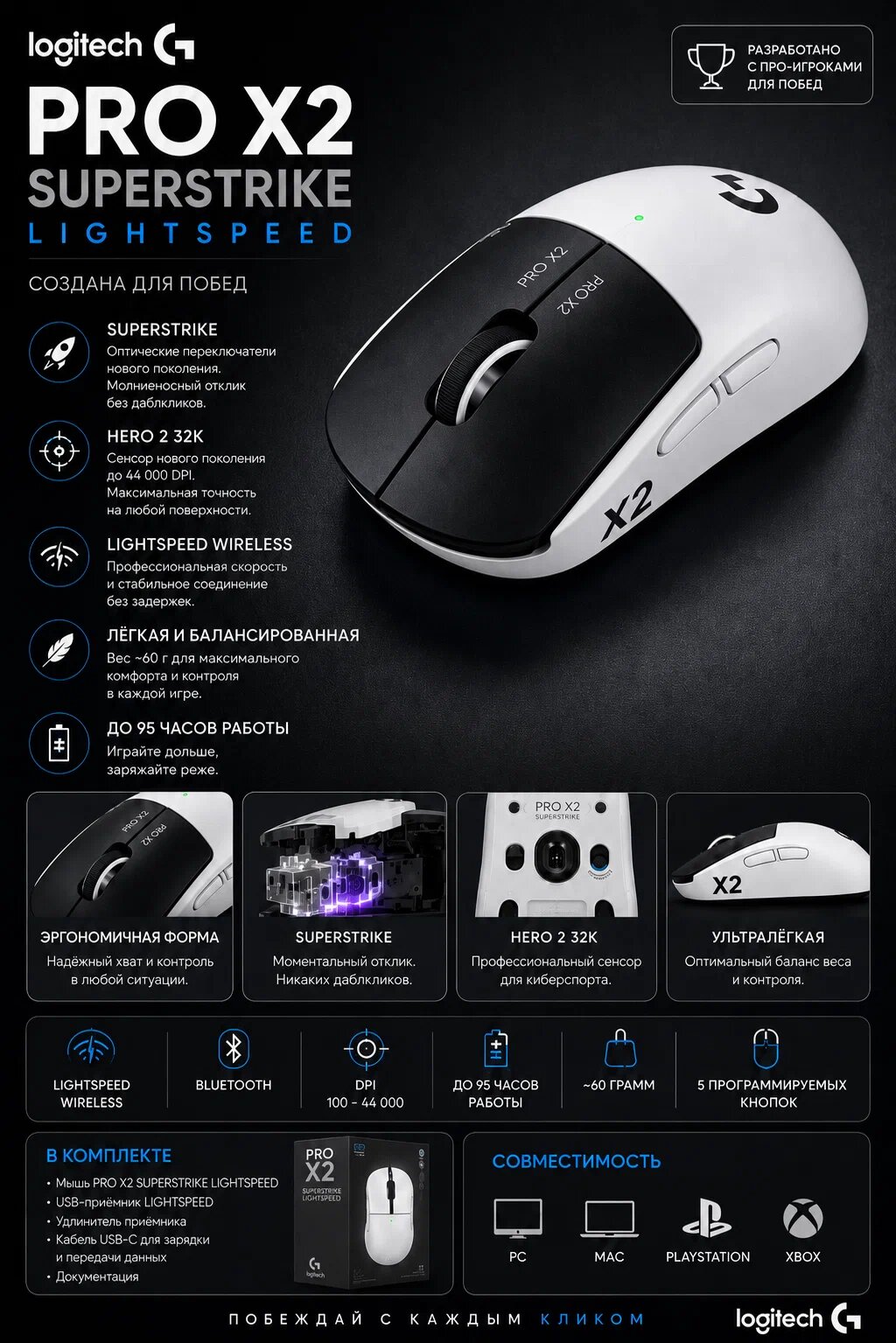 Мышь игровая Logitech "G PRO X2", беспроводная, 5 программируемых кнопок
