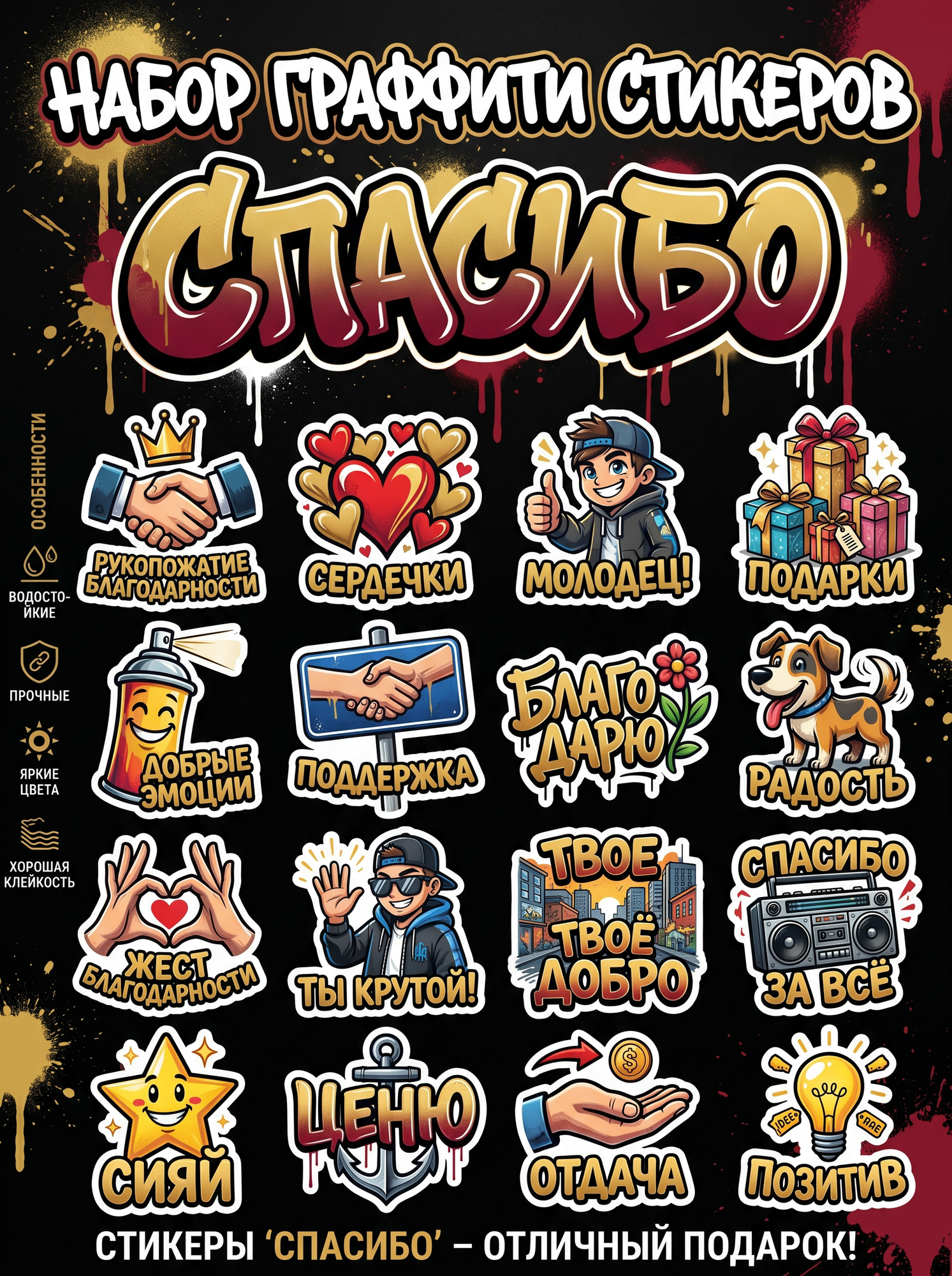 Стикерпак STICKERLABpro Спасибо / граффити-наклейки с благодарностью для подарков, ноутбука и телефона