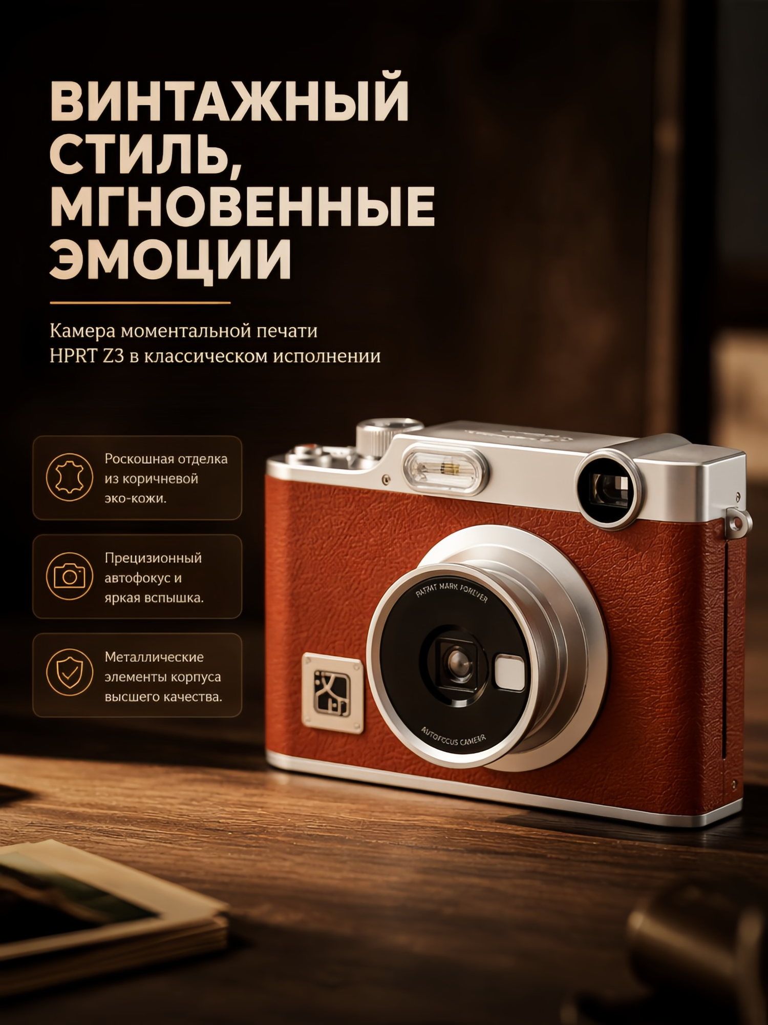 Фотоаппарат моментальной печати HPRT Z3, bluetooth, термопечать, коричневый