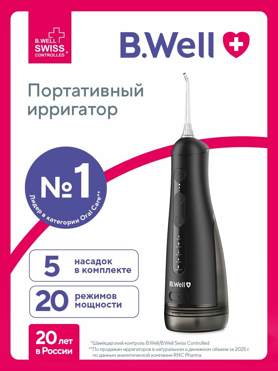Ирригатор для полости рта портативный B.Well PRO-901, 5 насадок, 20 режимов работы