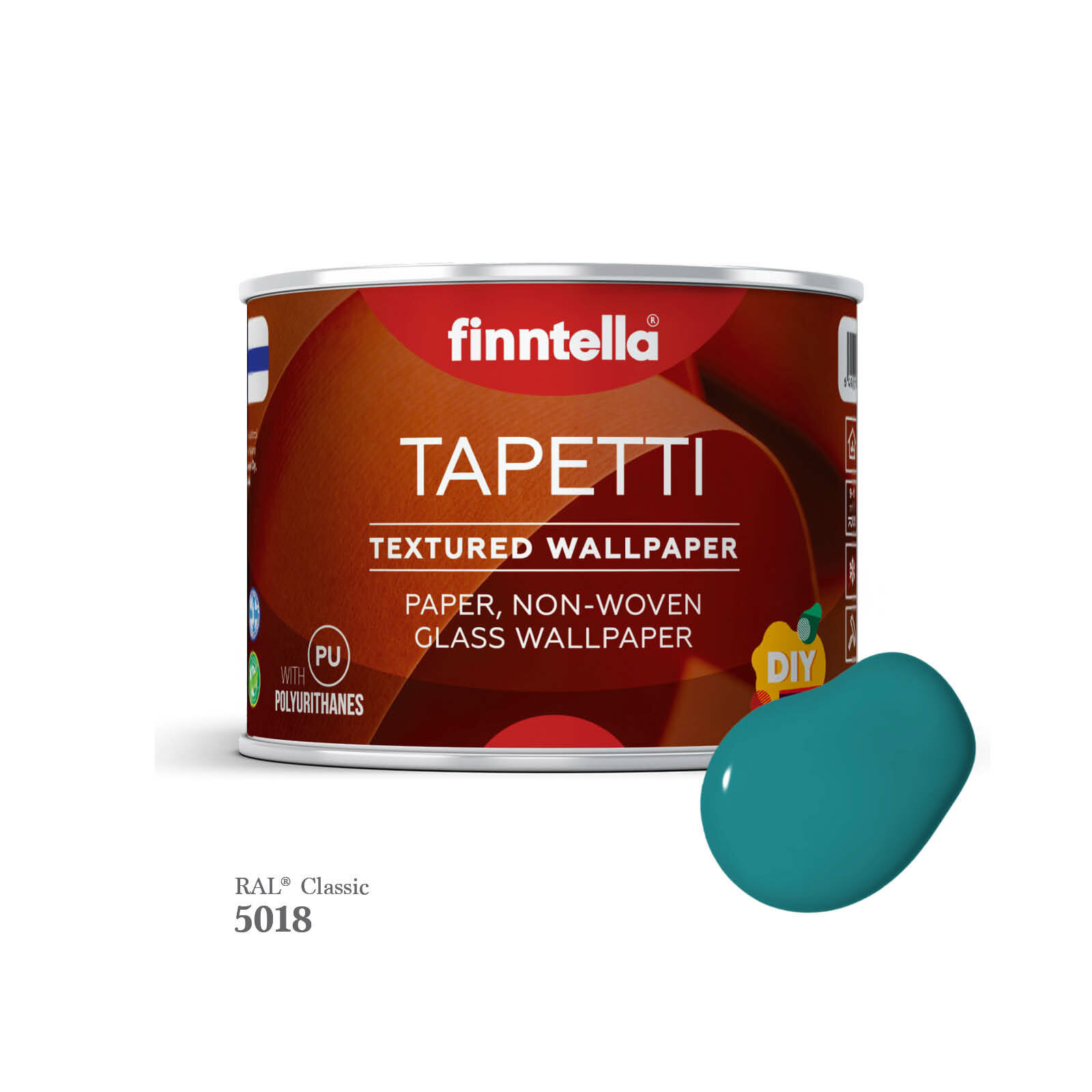 Шелковисто-матовая краска для обоев под окраску TAPETTI SILKKI Matta FINNTELLA, Цвет RAL 5018 Бирюзово-синий (Turquoise blue), 0,45л