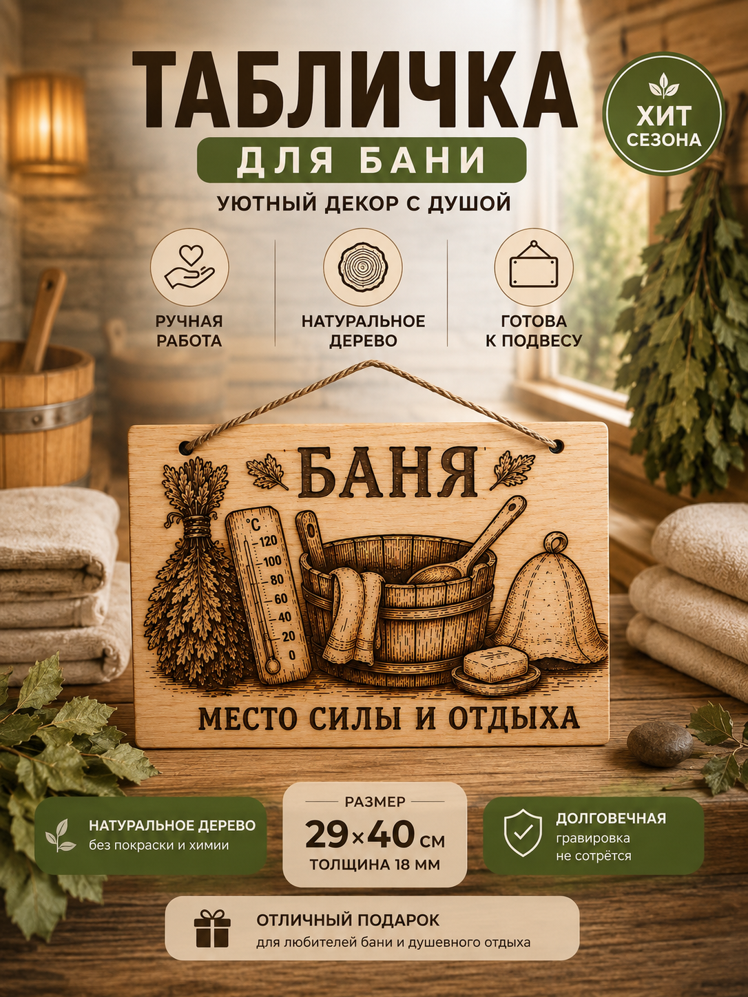 Табличка, декор для бани из массива сосны 40х29 см «место силы и отдыха»