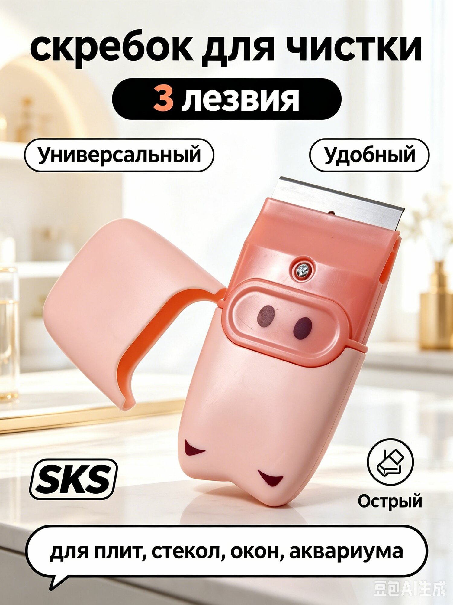 Скребок для стеклокерамических плит 3 лезвий в комплекте, розовый, для плит, стекол, окон, аквариума